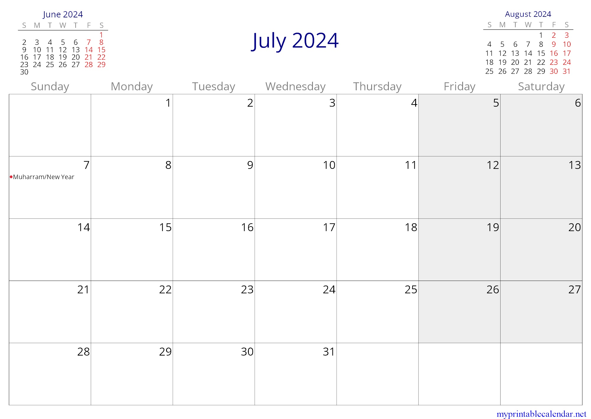 Printable Monthly July 2024 Calendar, Jordan, Arabic