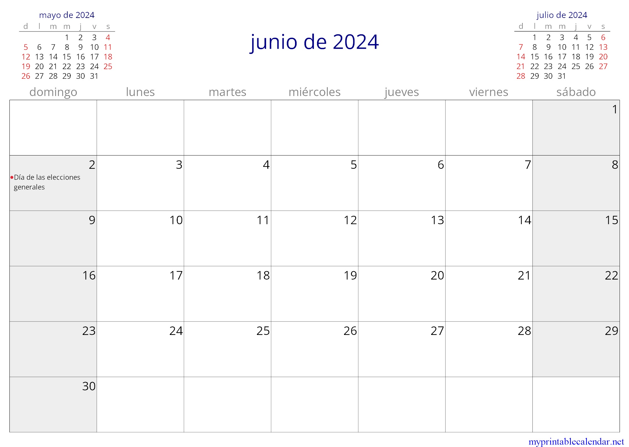 Printable Monthly July 2024 Calendar, Mexico, Spanish