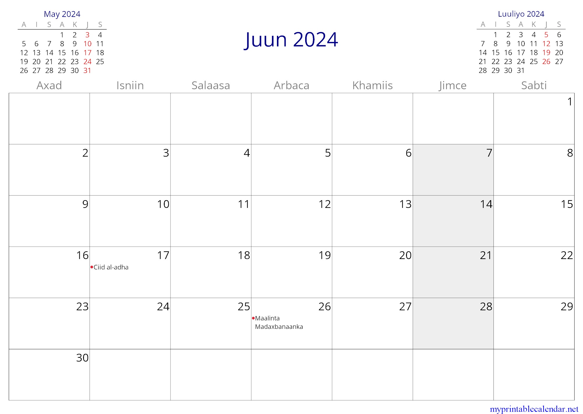 Printable Monthly July 2024 Calendar, Somalia, Somali
