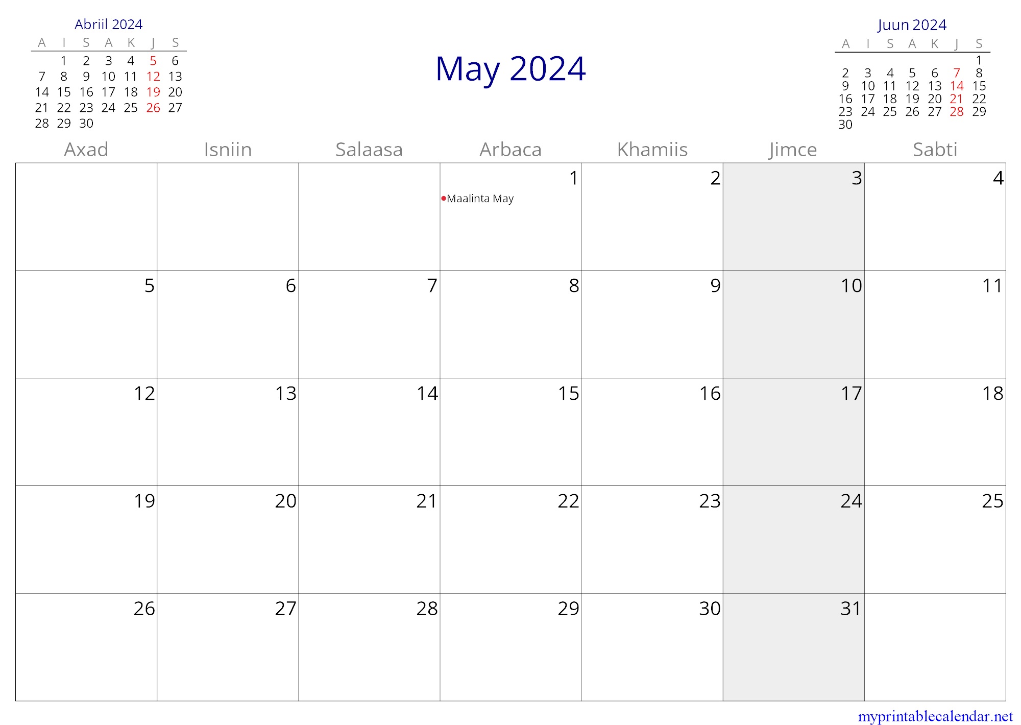 Printable Monthly July 2024 Calendar, Somalia, Somali